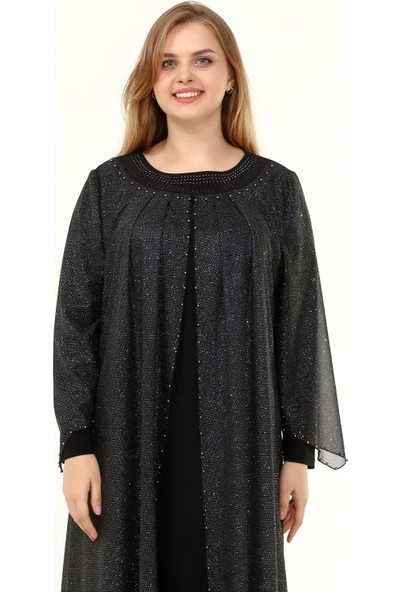 Perya Sim Işlemeli Şifon Abiye Elbise Siyah