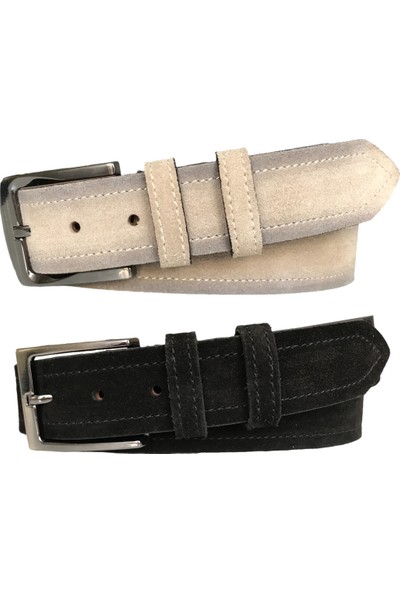 Goderi Deri 2'li Set Süet Krem, Siyah Kemer 4 cm