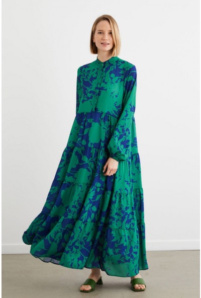 Terzi Dükkanı Donna Desenli Kat Kat Elbise Saks