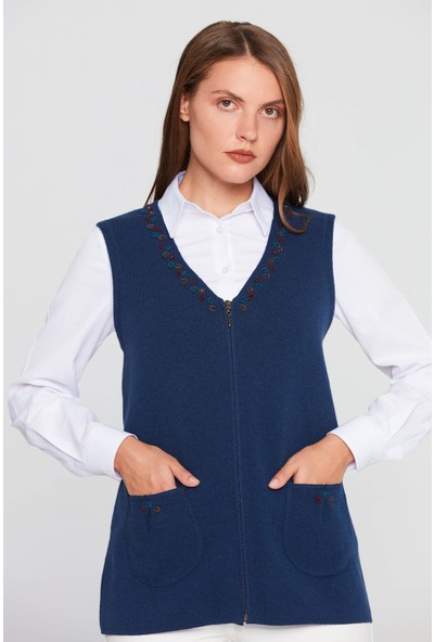 Desen Triko Kadın V Yakalı Işlemeli Fermuarlı Yün Yelek Indigo
