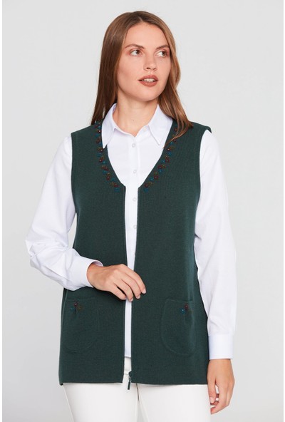 Desen Triko Kadın V Yakalı Işlemeli Fermuarlı Yün Yelek Yeşil