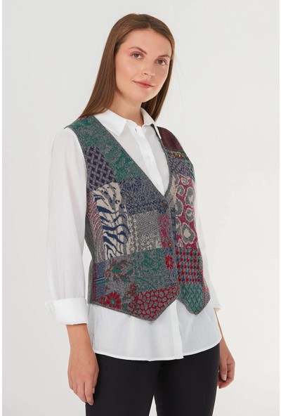 Desen Triko Kadın V Yaka Desenli Yün Yelek Füme Desen Triko Kadın V Yaka Desenli Yün Yelek Füme