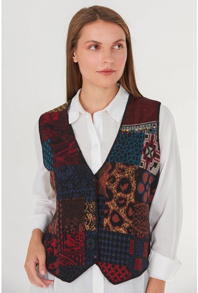 Desen Triko Kadın V Yaka Desenli Yün Yelek Siyah Desen Triko Kadın V Yaka Desenli Yün Yelek Siyah