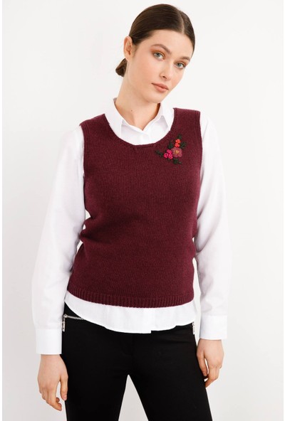 Desen Triko Kadın Yaka Kenarı Işlemeli Komple Sıfır Yaka Süveter Gül Kurusu