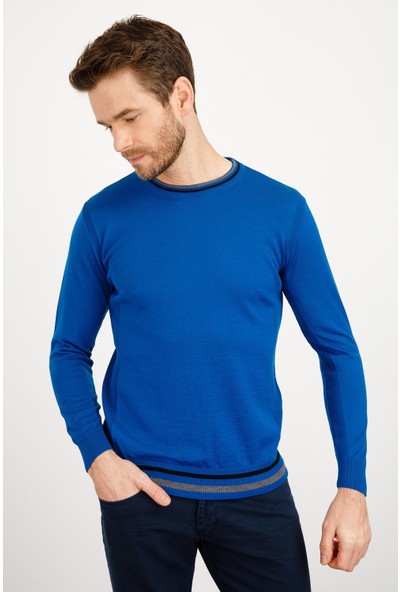 Desen Triko Erkek Yaka Kenarı Çizgili Sıfır Yaka Kazak Saks Desen Triko Erkek Yaka Kenarı Çizgili Sıfır Yaka Kazak Saks