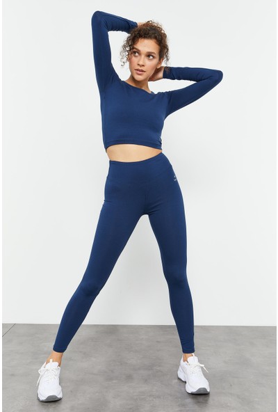 Tommy Life İndigo Kadın Yüksek Bel Uzun Kollu Slim Fit Crop Top Tayt Takım - 95286