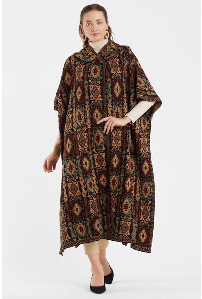 uludağ triko Kilim Desen Kapşonlu Panço / Gümüş uludağ triko Kilim Desen Kapşonlu Panço / Gümüş