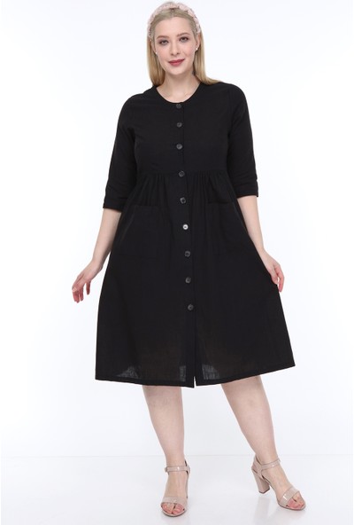 Trend World Kadın Büyük Beden Ceplidüğmeli Elbise Siyah L1624 Trend World Kadın Büyük Beden Ceplidüğmeli Elbise Siyah L1624