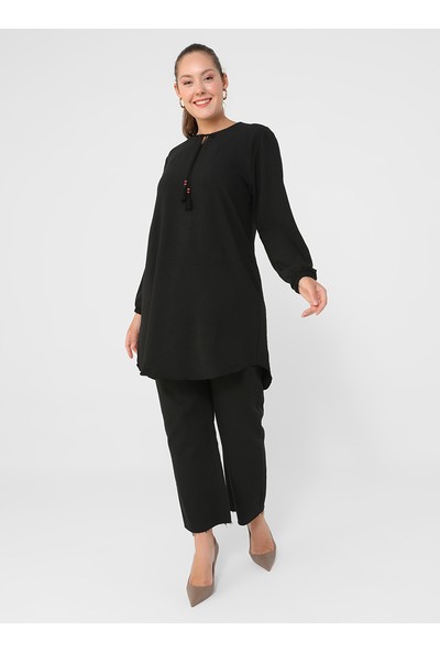 Alia Büyük Beden Püskül Detaylı Tunik - Siyah - Alia
