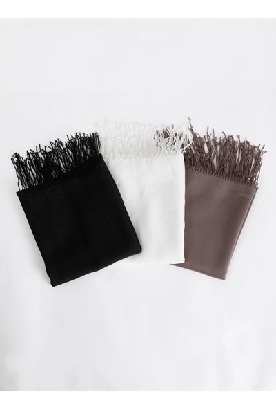 Mervin Şal 3 Lü Paket Uzun Saçaklı Paşmina Şal - Siyah Kahve Ekru - Mervin Şal