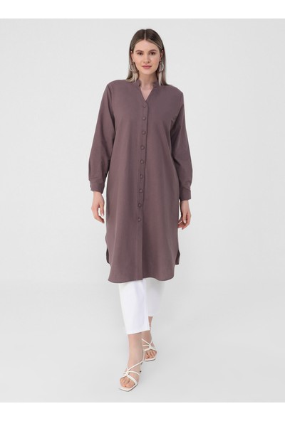 Alia Büyük Beden Boydan Düğmeli Gömlek Tunik - Soğuk Mor - Alia