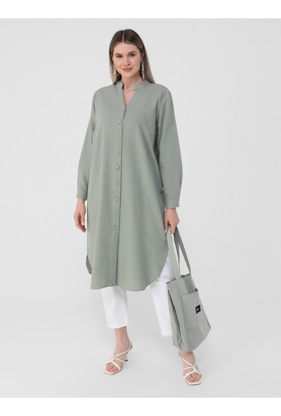 Alia Büyük Beden Boydan Düğmeli Gömlek Tunik - Yağ Yeşili - Alia