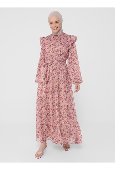 Refka Fırfır ve Gipe Detaylı Yoryo Şifon Elbise - Pembe - Refka Casual Refka Fırfır ve Gipe Detaylı Yoryo Şifon Elbise - Pembe - Refka Casual