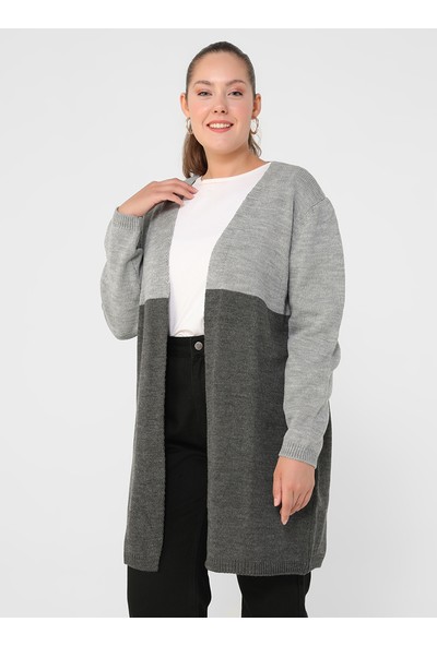 Alia Büyük Beden Iki Renkli Triko Hırka - Gri Antrasit - Alia
