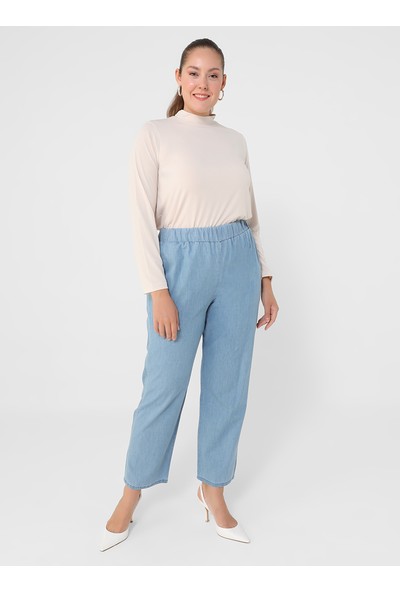 Alia Büyük Beden Doğal Kumaşlı Beli Lastikli Pantolon - Mavi - Alia