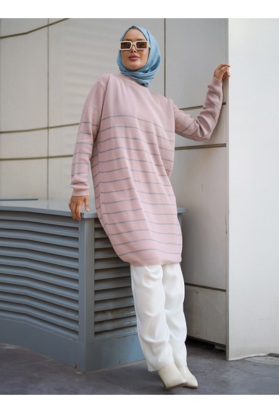 Por La Cara Selanik Örgü Ince Çizgili Uzun Triko Tunik - Pudra - Por La Cara