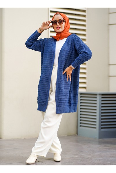 Por La Cara Selanik Örgü Yürütmeli Uzun Triko Hırka - Indigo - Por La Cara