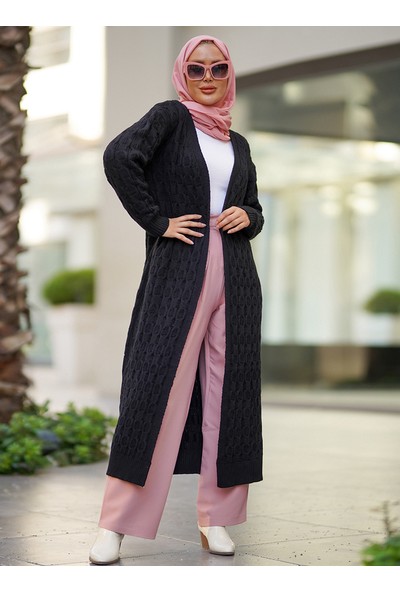 Por La Cara Selanik ve Saç Örgü Uzun Triko Hırka - Siyah - Por La Cara Por La Cara Selanik ve Saç Örgü Uzun Triko Hırka - Siyah - Por La Cara