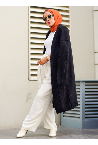 Por La Cara Zikzak Desenli Kendinden Cepli Uzun Triko Hırka - Siyah - Por La Cara