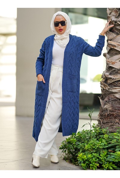 Por La Cara Zikzak Desenli Kendinden Cepli Uzun Triko Hırka - Indigo - Por La Cara