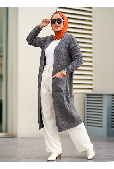 Por La Cara Zikzak Desenli Kendinden Cepli Uzun Triko Hırka - Füme - Por La Cara