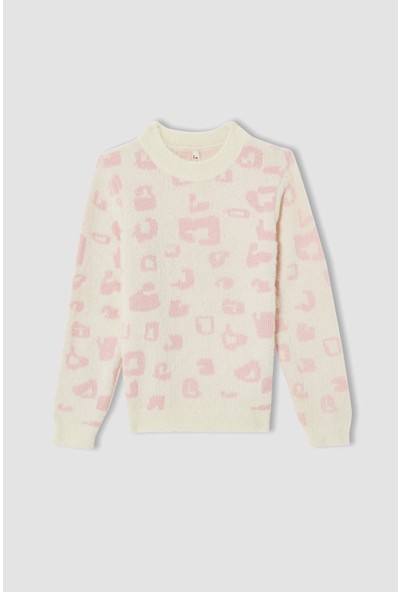 DeFacto Kız Çocuk Regular Fit Desenli Bisiklet Yaka Triko Kazak V8849A621WN