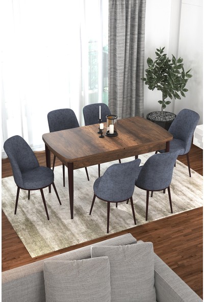 Canisa Concept Canisa Via Serisi Açılabilir Barok Ahşap Desen Masa 6 Füme Adet Sandalye