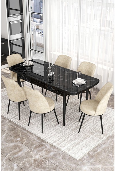 Canisa Concept Canisa Via Serisi Açılabilir Siyah Mermer Desen Masa 6 Adet Krem Sandalye Canisa Concept Canisa Via Serisi Açılabilir Siyah Mermer Desen Masa 6 Adet Krem Sandalye