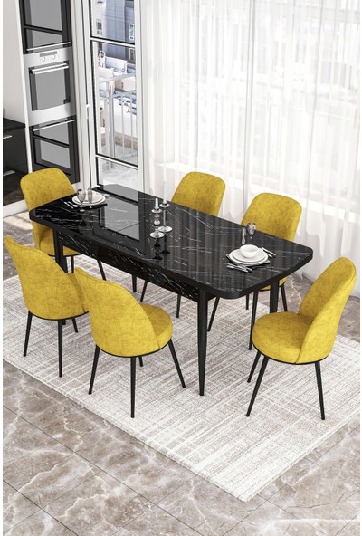 Canisa Concept Canisa Via Serisi Açılabilir Siyah Mermer Desen Masa 6 Adet Hardal Sarısı Sandalye Canisa Concept Canisa Via Serisi Açılabilir Siyah Mermer Desen Masa 6 Adet Hardal Sarısı Sandalye