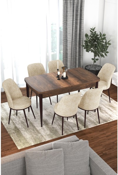 Canisa Concept Canisa Via Serisi Açılabilir Barok Ahşap Desen Masa 6 Krem Adet Sandalye