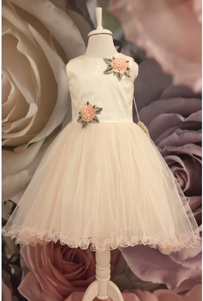 Dide Kids Dide Kız Çocuk Aplikeli ve Payetli Somon Abiye Elbise