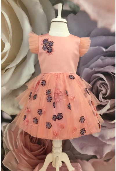Dide Kids Dide Kız Çocuk Kesme Dantelli Somon Şık Abiye Elbise