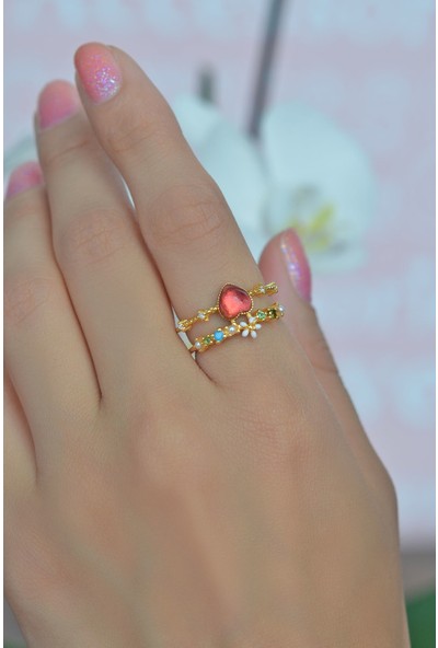 Sacce Scarves&Accessories Çok Renkli Kalpli Çift Sıralı Ayarlanabilir Yüzük Sacce Scarves&Accessories Çok Renkli Kalpli Çift Sıralı Ayarlanabilir Yüzük