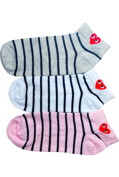 Lara Çorap 9'lu Kalp Emojili Çizgili 3 Renk Kadın Patik Çorap (36-41)