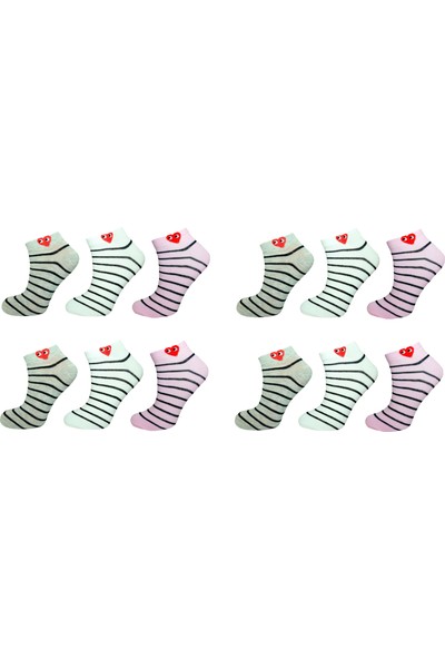 Lara Çorap 12'li Kalp Emojili Çizgili 3 Renk Kadın Patik Çorap (36-41)