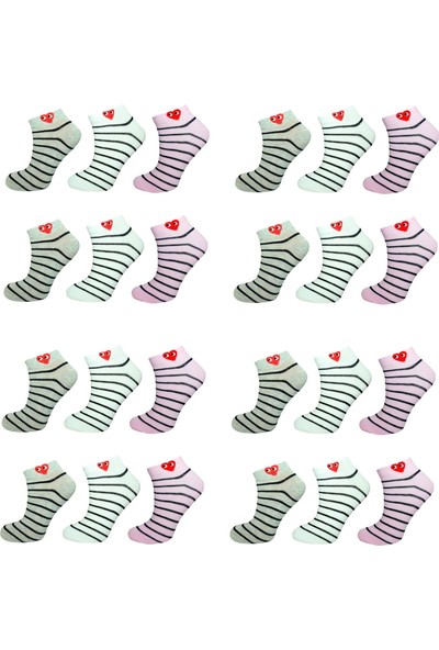 Lara Çorap 24'lü Kalp Emojili Çizgili 3 Renk Kadın Patik Çorap (36-41)