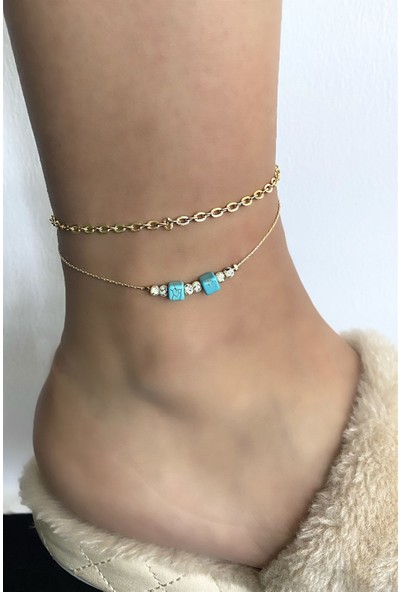 Takıştır Altın Renk Boncuk Detaylı Ikili Zincir Halhal