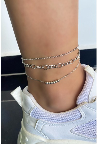 Takıştır Gümüş Renk Üçlü Zincir Halhal Takıştır Gümüş Renk Üçlü Zincir Halhal