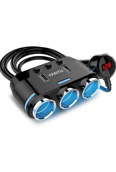 Waxen Çoklayıcı Hub Akü Ölçer USB Hızlı Şarj Mavi Işıklı Oto Çakmaklık Soket Girişli