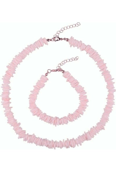 Mañana Atelier Natural Stone Collection - Pembe Kuvars Kırık Doğal Taş Kolye & Bileklik Seti ( Bağlılık )