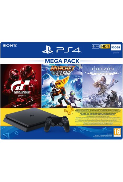Sony Playstation 4 Slim Konsol Mega Pack 500GB + Horizon Ce + Gran Turismo Sport + Ratchet And Clank + 3 Aylık Psn Plus Sony Playstation 4 Slim Konsol Mega Pack 500GB + Horizon Ce + Gran Turismo Sport + Ratchet And Clank + 3 Aylık Psn Plus