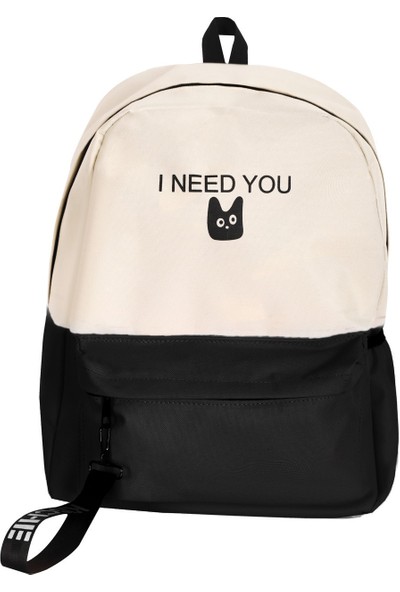 Kische Çift Renk Ineed You Okul Spor Çantası Bej-Siyah