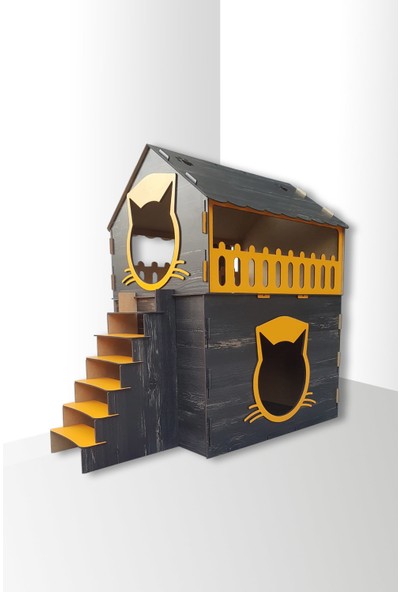 Hobicim Ahşap Dekoratif Iki Katlı Kedi Evi Turuncu Siyah Rebab