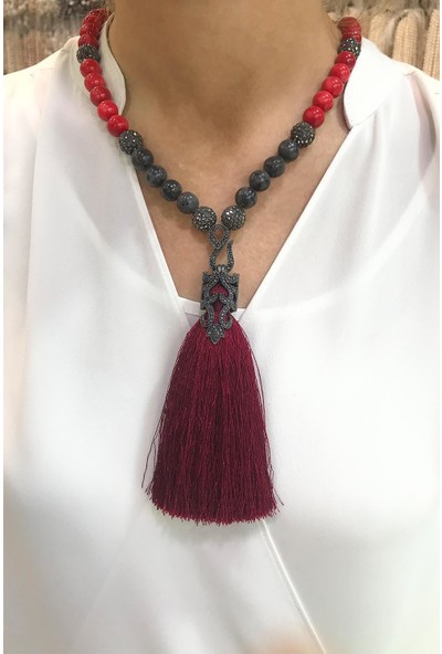 Seibu Mercan ve Spektrolit Taşlı Püskül Motifli Tasarım Kolye