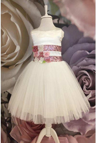 Dide Kids Kız Çocuk Payetli Çiçekli Ekru Abiye Elbise