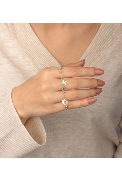 Feays 8 Ayar Ay Yıldızı ve Yoncalı Cam Göz Altın Şans Bilekliği