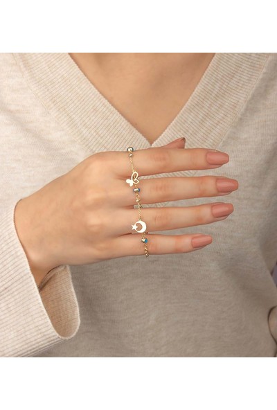 Feays 8 Ayar Ay Yıldızlı Kelebekli Cam Göz Altın Şans Bilekliği