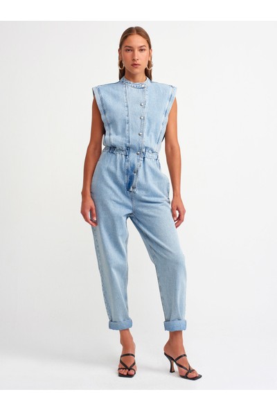 Dilvin 4458 Hakim Yaka Kot Tulum-Mavi