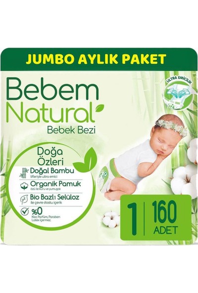 Bebem Natural Yenidoğan 1 Beden 2-5 kg Jumbo 160'LI Bebem Natural Yenidoğan 1 Beden 2-5 kg Jumbo 160'LI