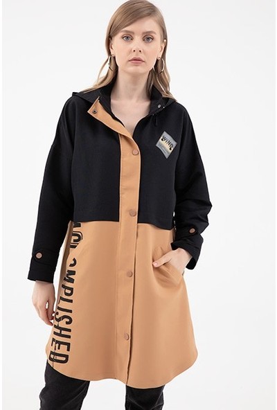 Sinhan Iki Renkli Baskılı Trençkot Siyah – Bej